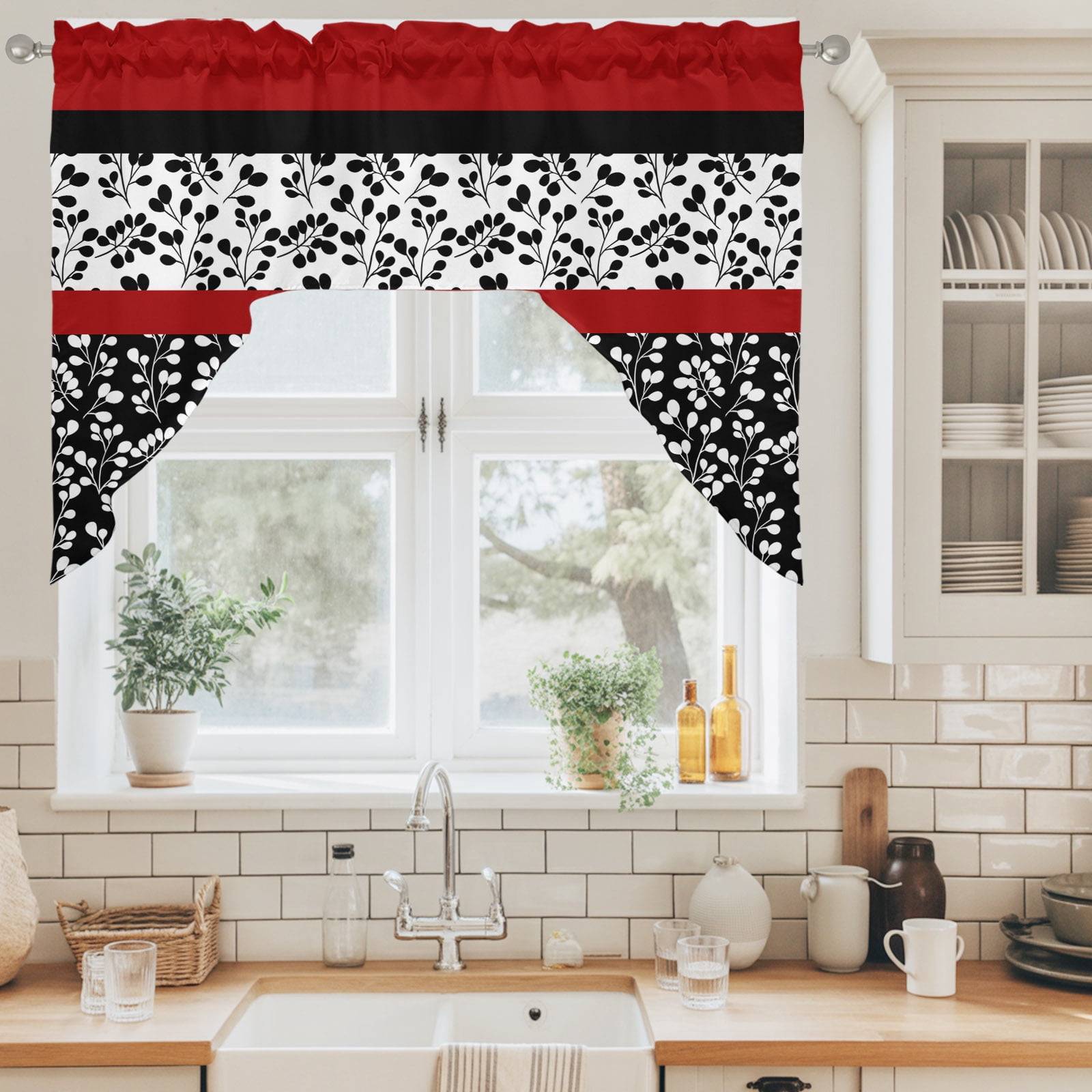 Abstract Red Swag Curtain Valance for Windows, Black Stripes Floral ...