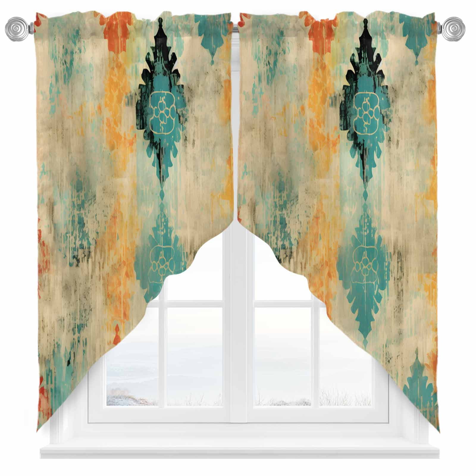 Abstract Red Swag Curtain Valance for Windows, Yellow Green Argyle ...