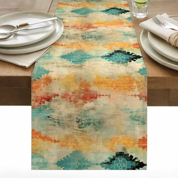 Abstract Red Table Runner 13x90 inch Yellow Green Argyle Geometric ...