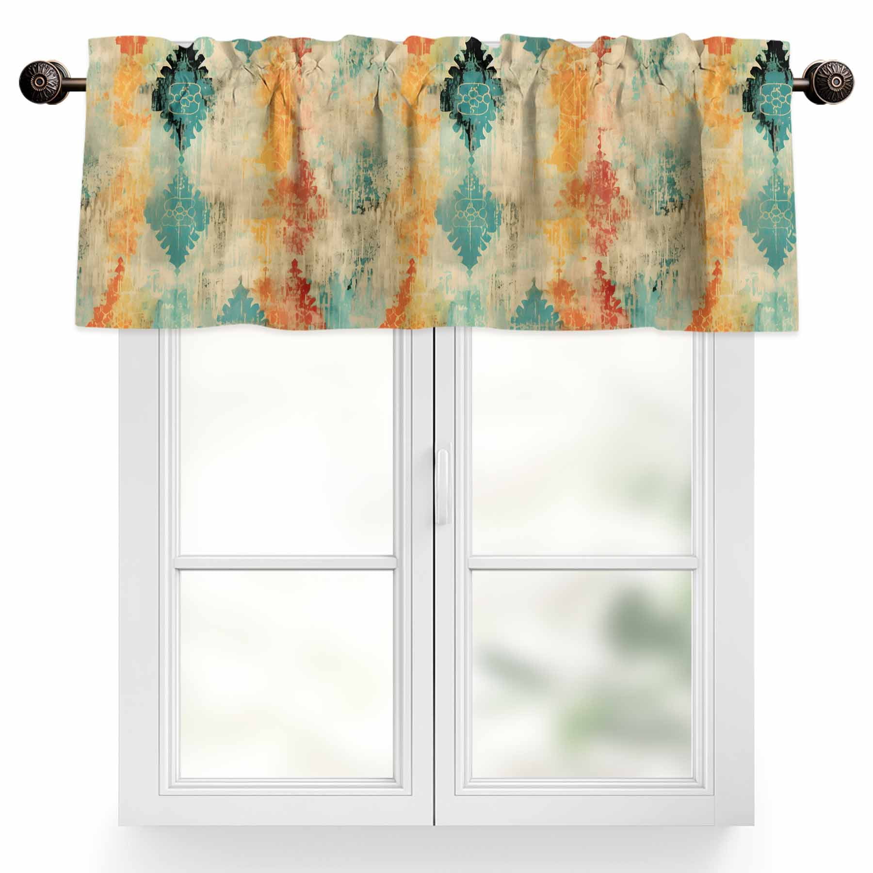 Abstract Red Valances for Windows, 42 x 18in, Yellow Green Argyle Geometric Retro Bohemian Rod ...