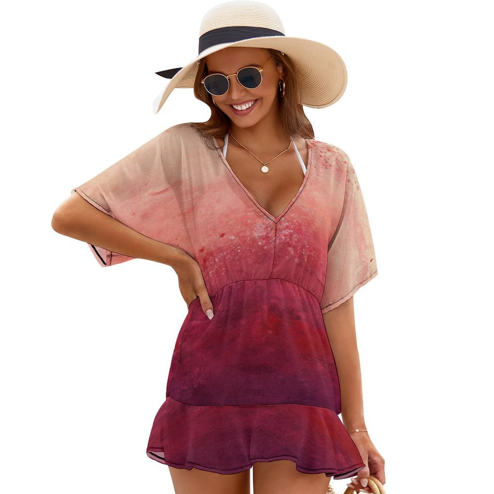 Abstract Red Watercolor Texture Beach Cover Ups Women V Neck Short ...