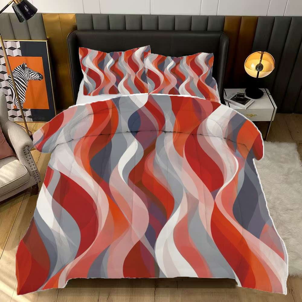 Abstract Red Wavy Pattern Comforter Set Queen Size Bedding Set For ...