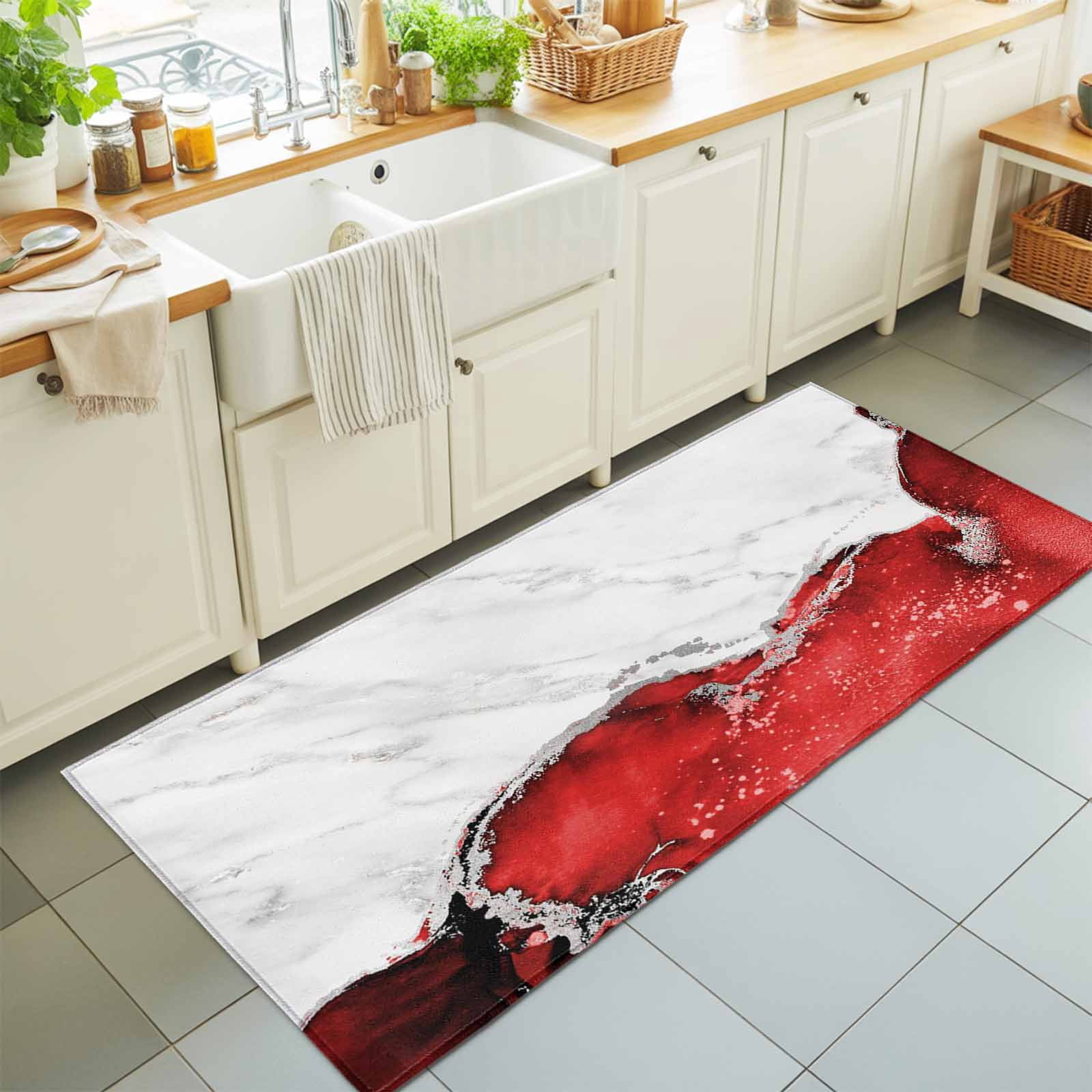 Abstract Red White Marble Texture Rectangle Rug 2'x6' Vintage Waves ...