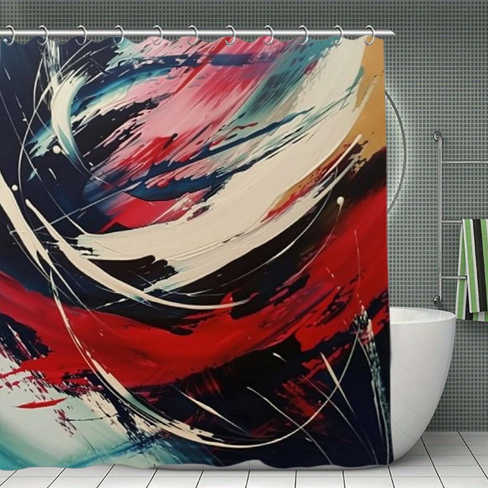 Abstract Red White Print Shower Curtain,Modern Fabric Waterproof Shower ...