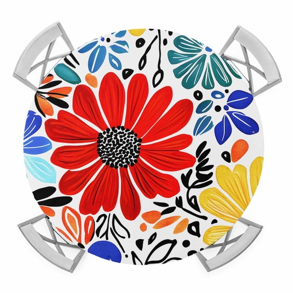 Abstract Red Yellow Flowers Elastic Fitted Round Table Cover Hand Drawn ...