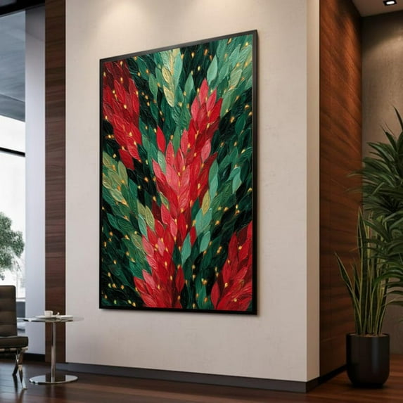 Abstract Red and Green Leaves Canvas Wall Art, Floral Modern Nature ...