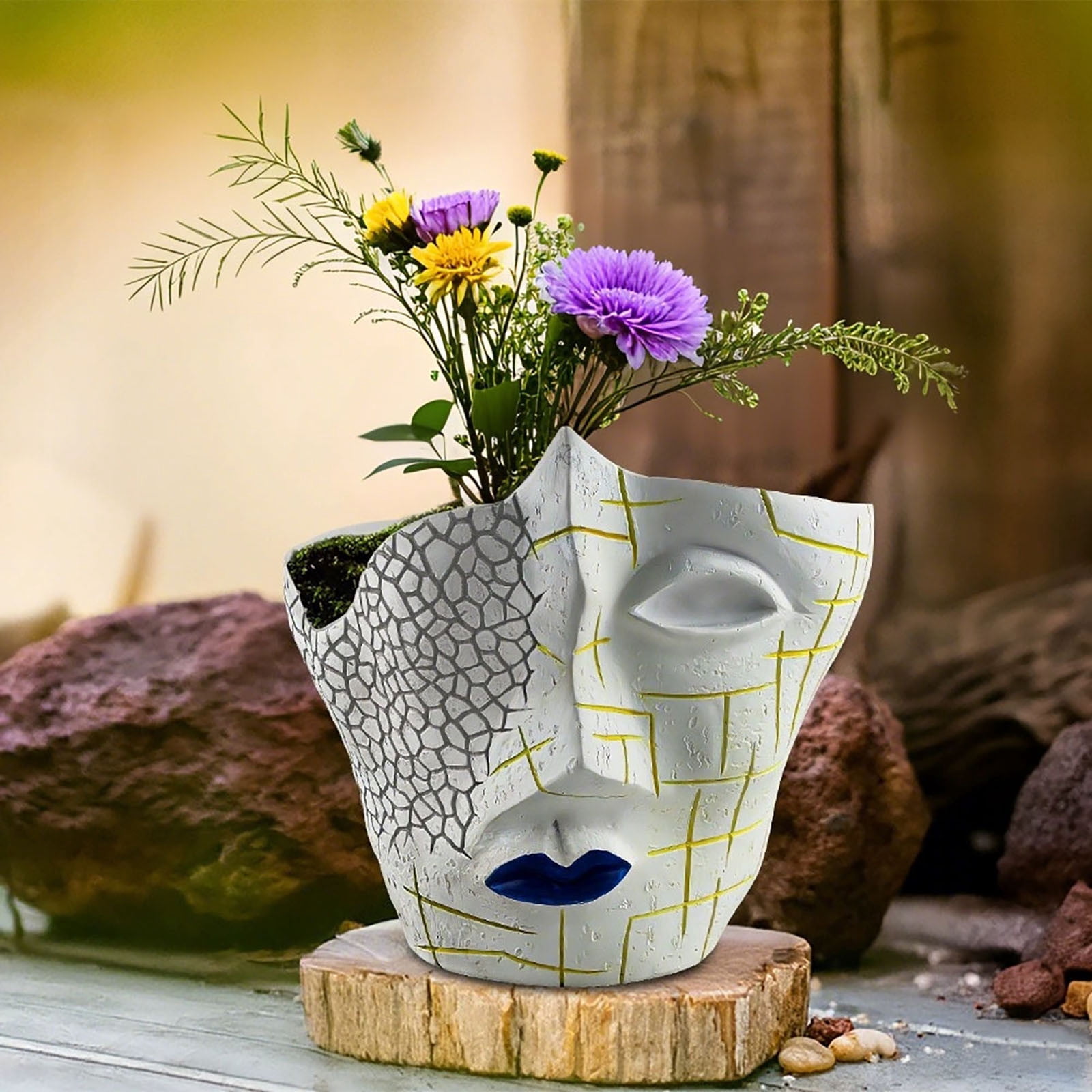 Abstract Resin Face Flower Pot Cracked Style Plant Holder,Artistic ...