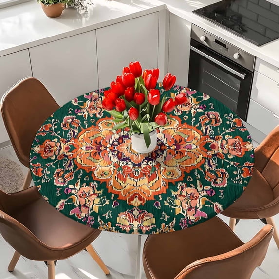 Abstract Retro Bohemian Flower Leaves Round Fitted Tablecloth with ...