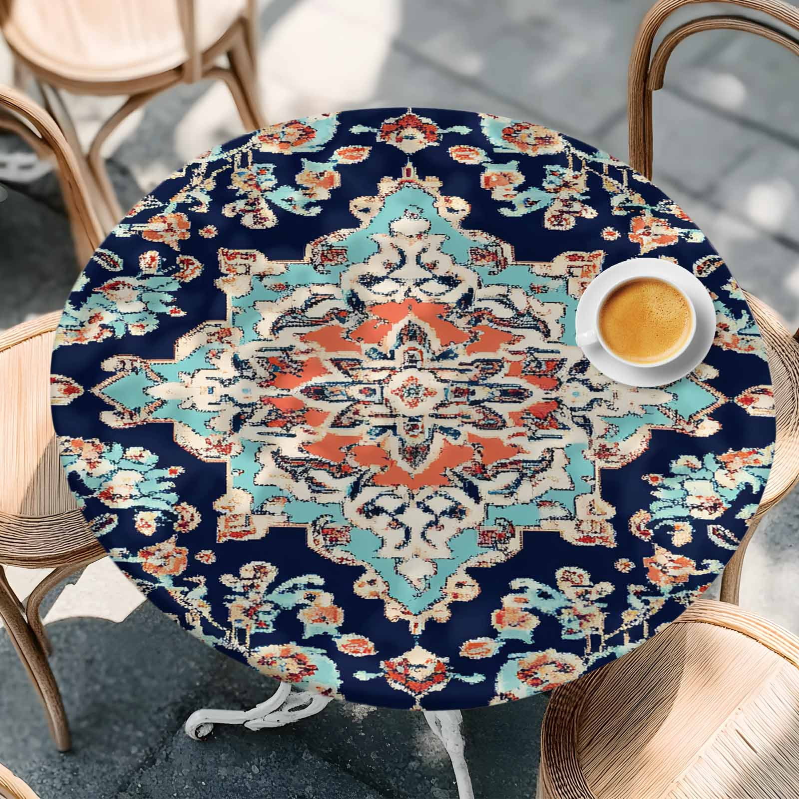 Abstract Retro Boho Aesthetic Flower Round Fitted Tablecloth with ...