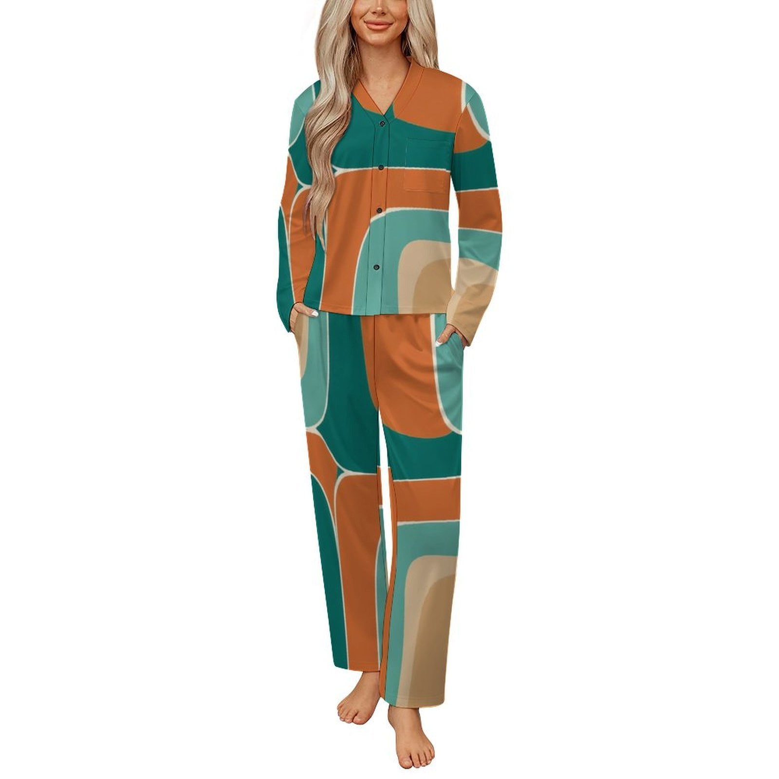 Abstract Retro Color Block Art Womens Pyjamas Set Button Up Pyjamas ...