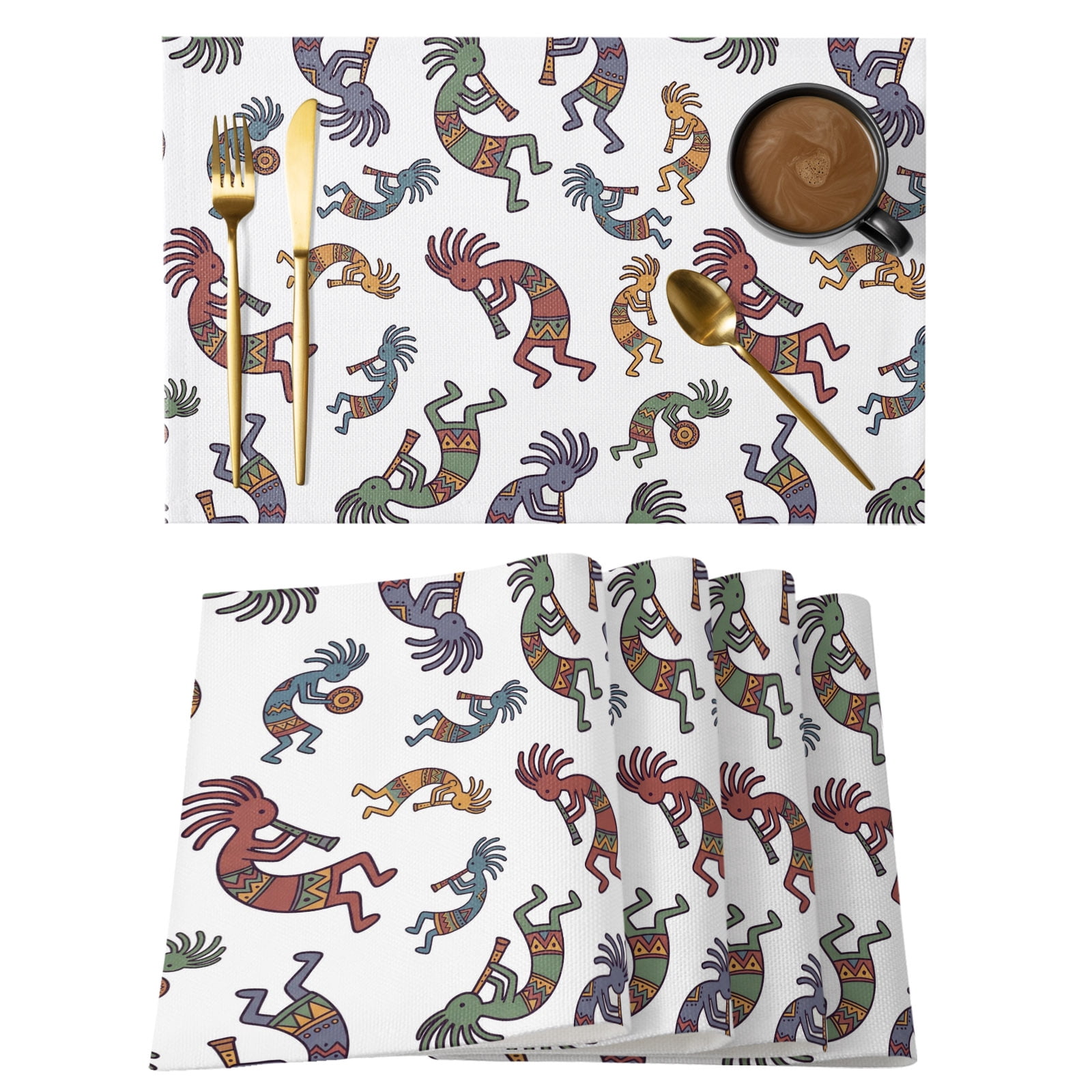 Abstract Retro Cotton Linen Placemats Set of 4, Tribes Man Playing ...