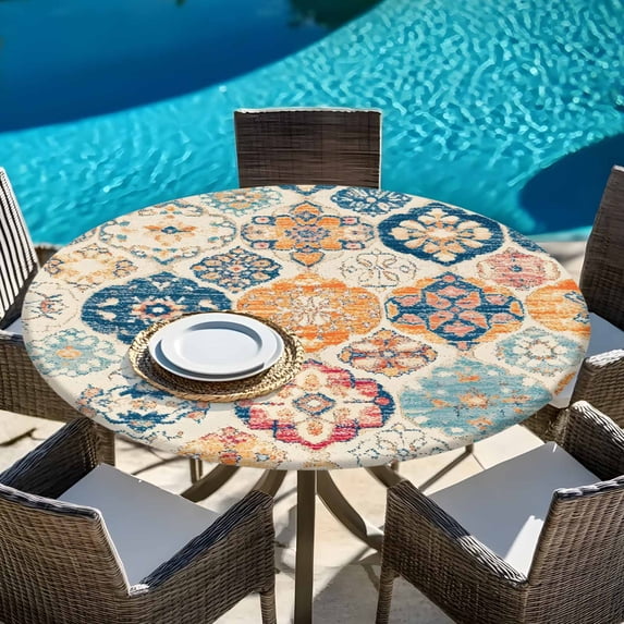 Abstract Retro Ethnic Flower Texture Round Fitted Tablecloth with ...