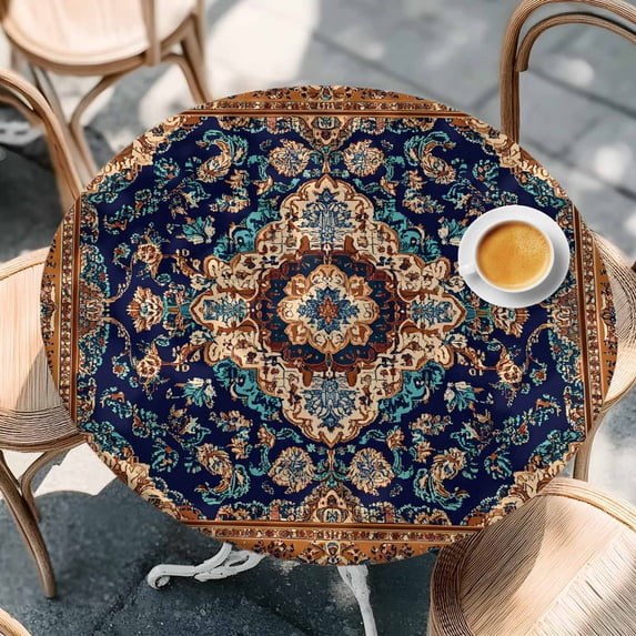 Abstract Retro Ethnic Pattern Round Fitted Tablecloth with Elastic Edge ...