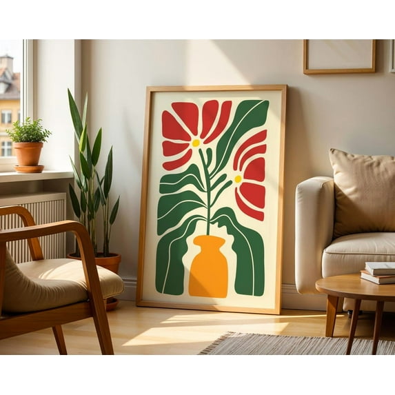 Abstract Retro Floral Wall Art Boho Flower Red Botanical Mid Century ...