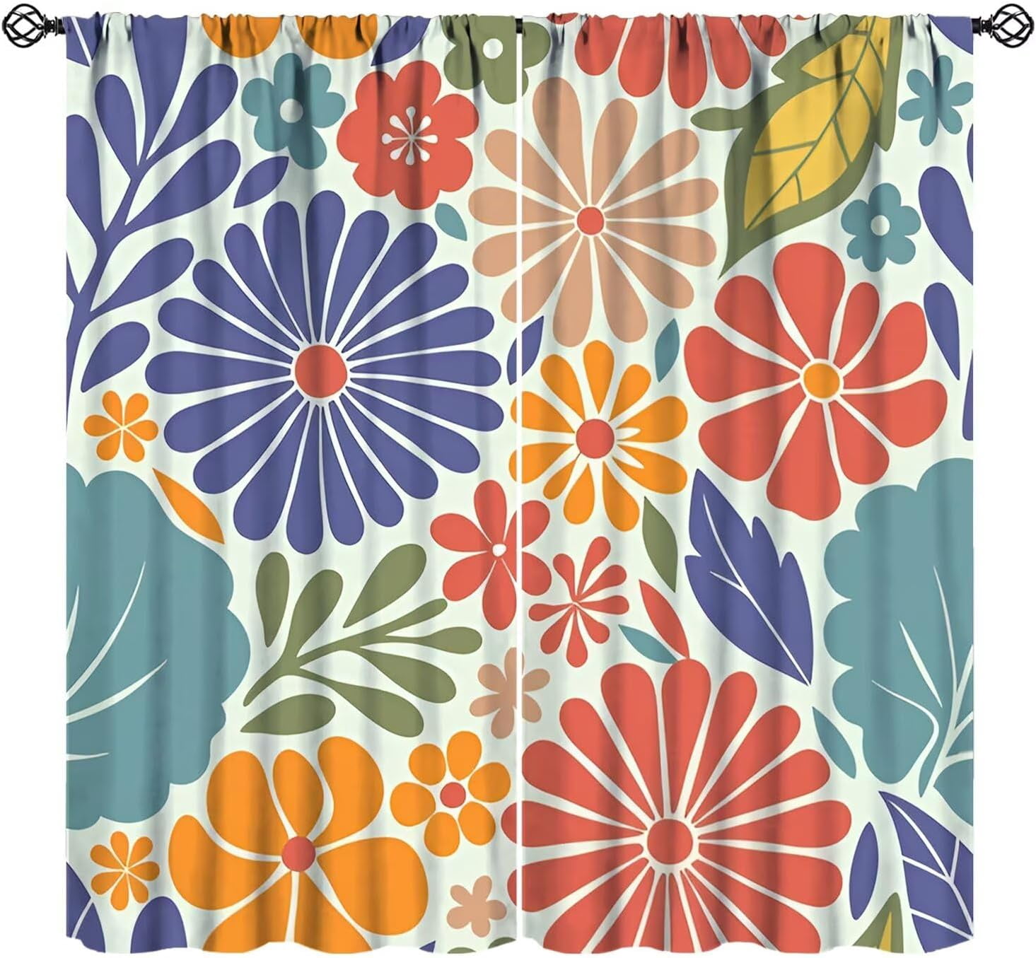 Abstract Retro Flower Curtains, Boho Vintage 70s Hippie Daisy Flowers ...