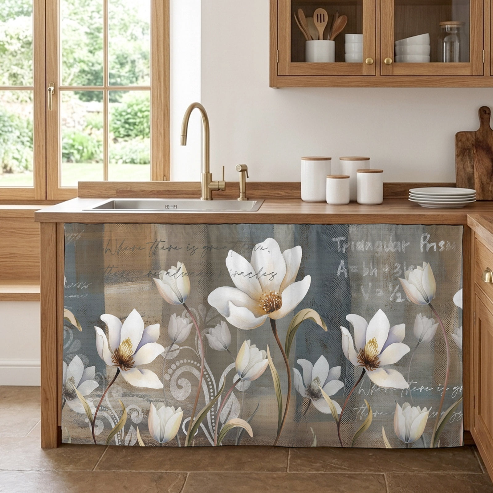 Abstract Retro Flowers Cabinet Curtains 28" W x 51" L Art White Floral ...