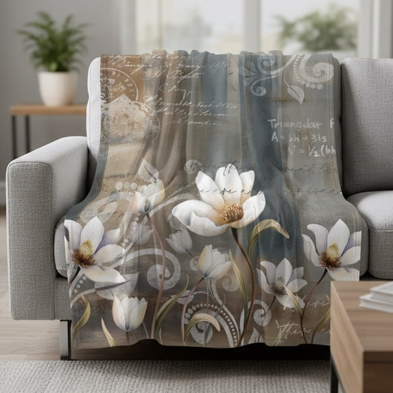 Abstract Retro Flowers Fleece Throw Blanket Art White Floral Blue Brown ...