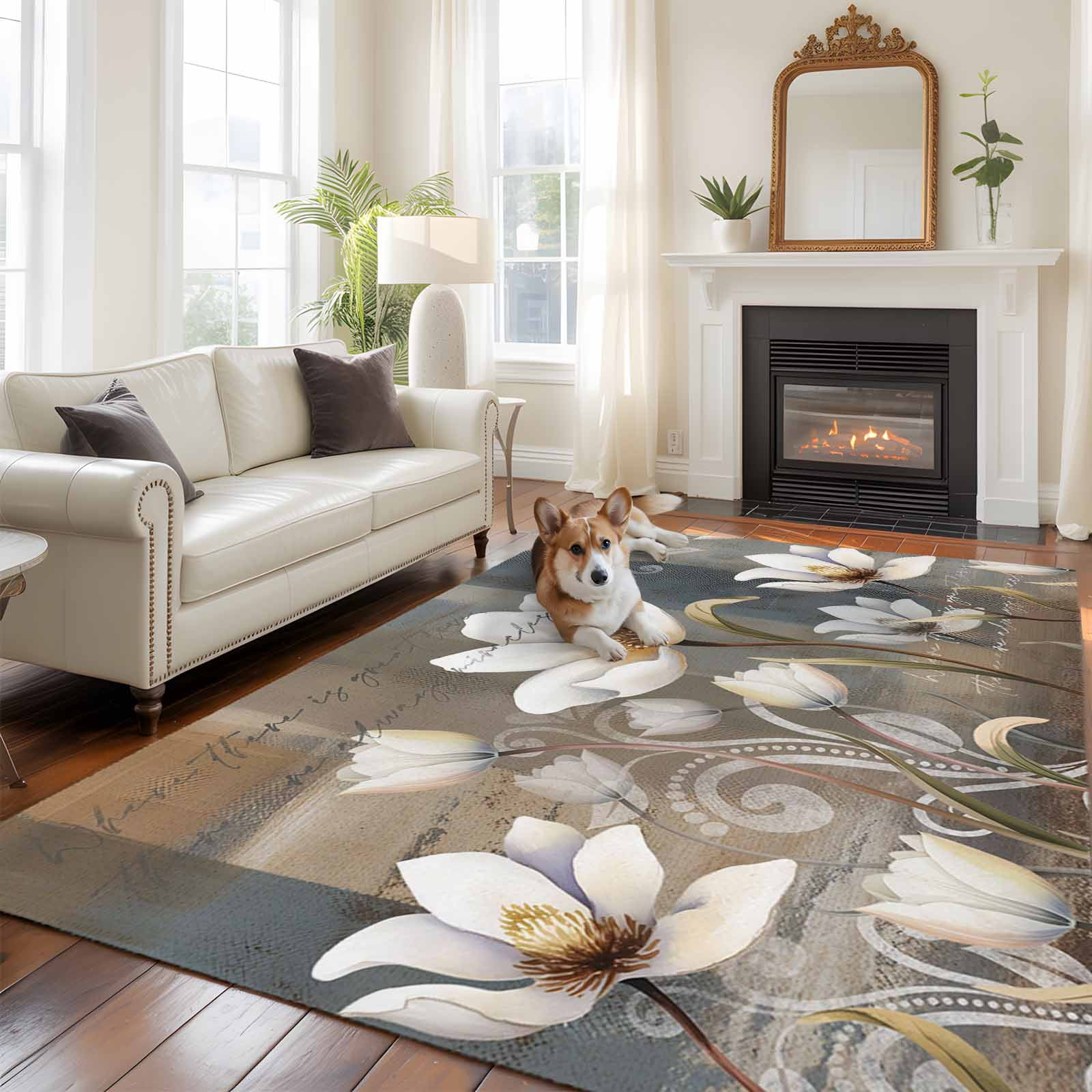 Abstract Retro Flowers Large Area Rugs 5x8 ft Art White Floral Blue ...