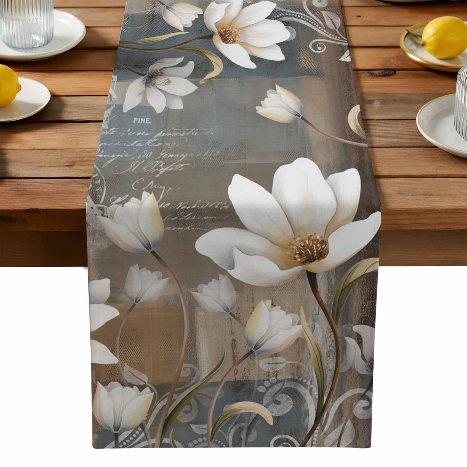 Abstract Retro Flowers Table Runner, Art White Floral Blue Brown ...