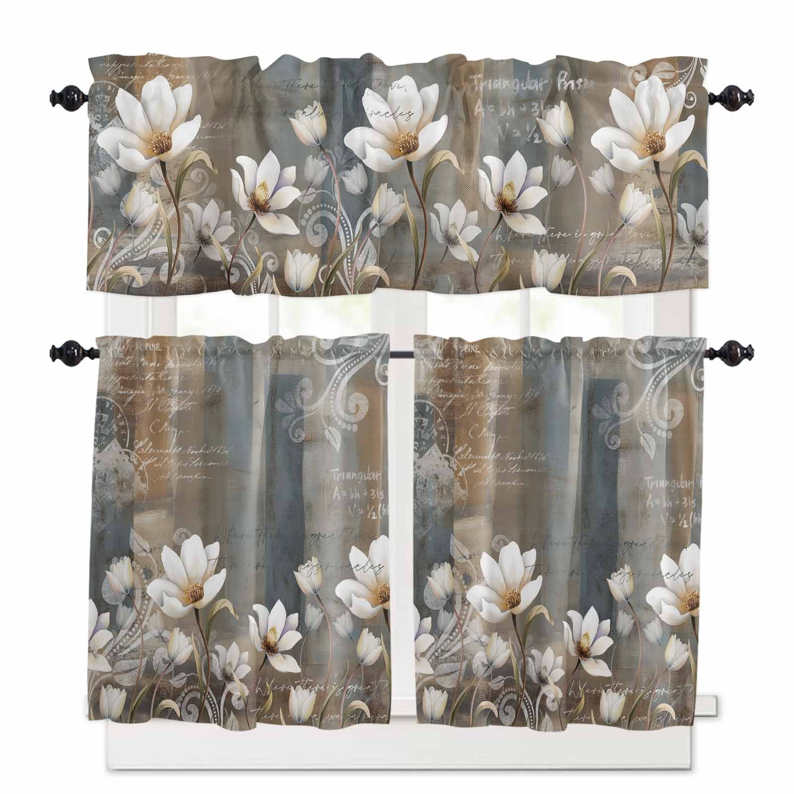 Abstract Retro Flowers Window Curtains Valance Set of 3 Art White ...