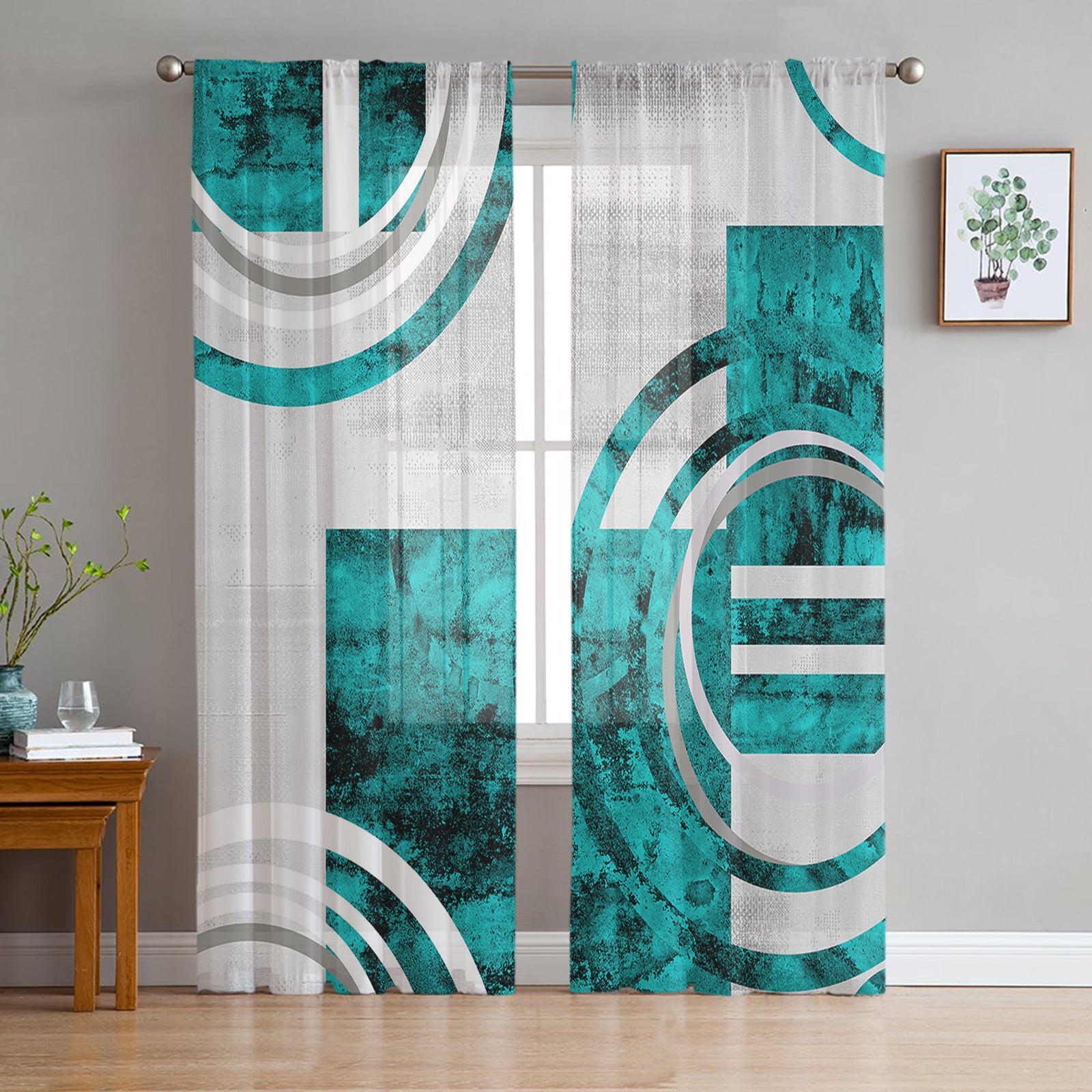 Abstract Retro Geometric Marble Texture Green Sheer Curtains Living ...