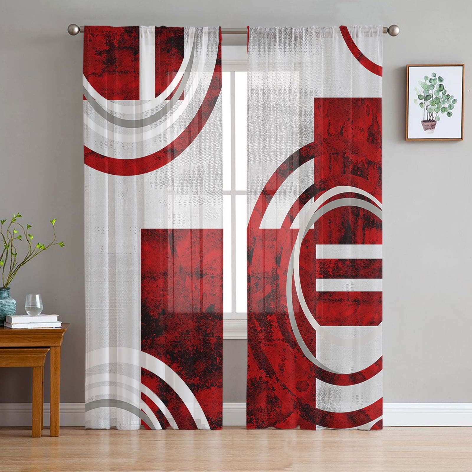 Abstract Retro Geometric Marble Texture Red Sheer Curtains Living Room ration Window Curtains ...