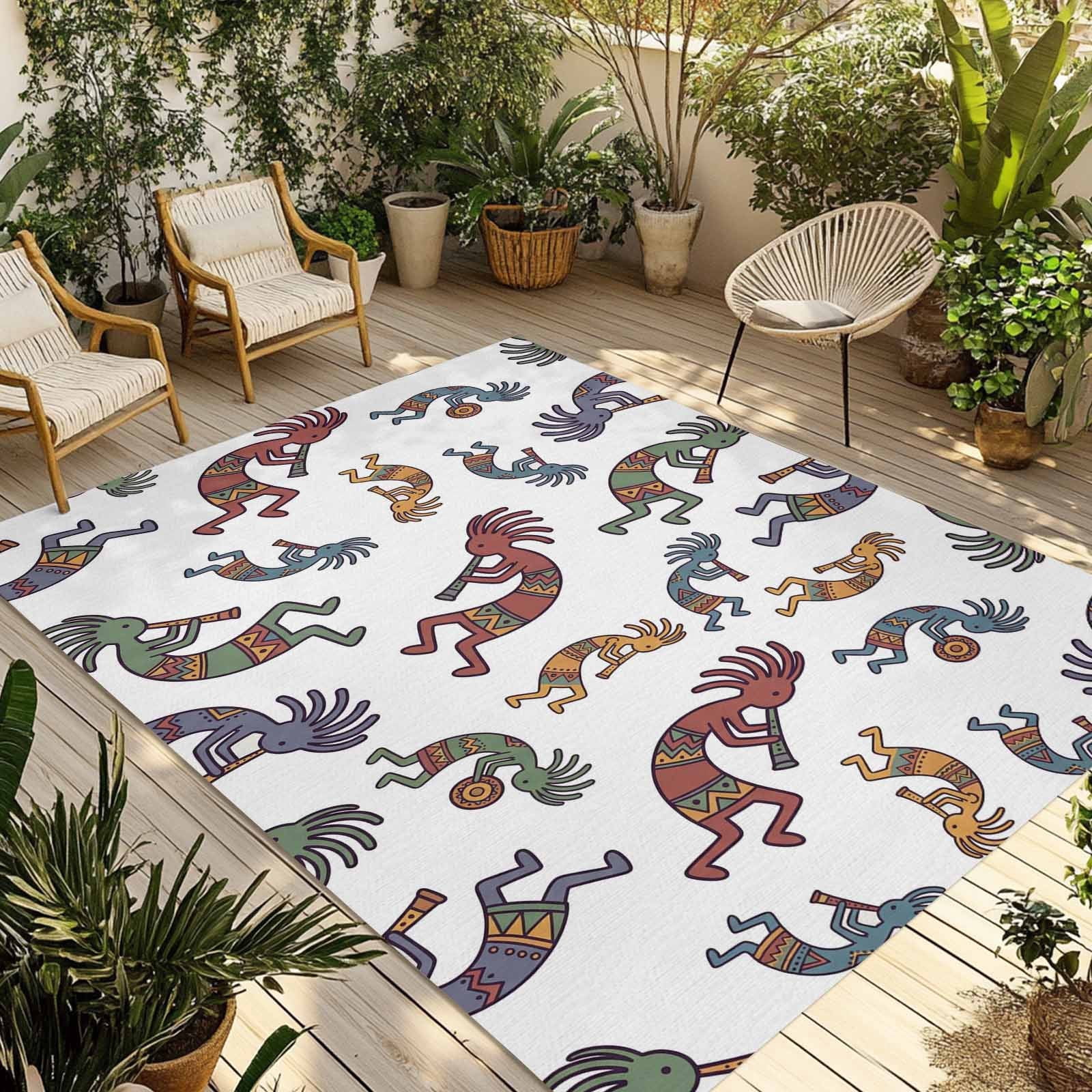 Abstract Retro Outdoor Rug, Tribes Man Playing Music Cartoon Non-Slip ...