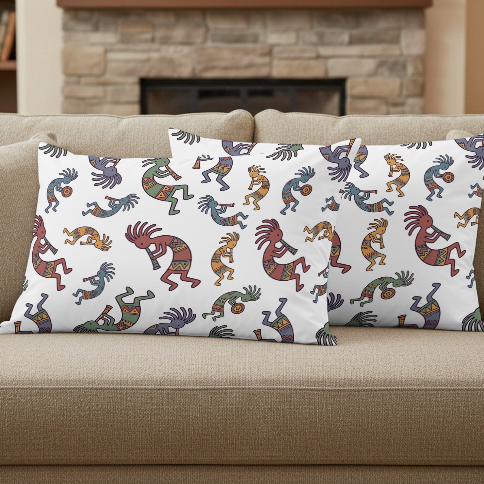 Abstract Retro Pillow Covers Set of 2, Tribes Man Playing Music Cartoon ...