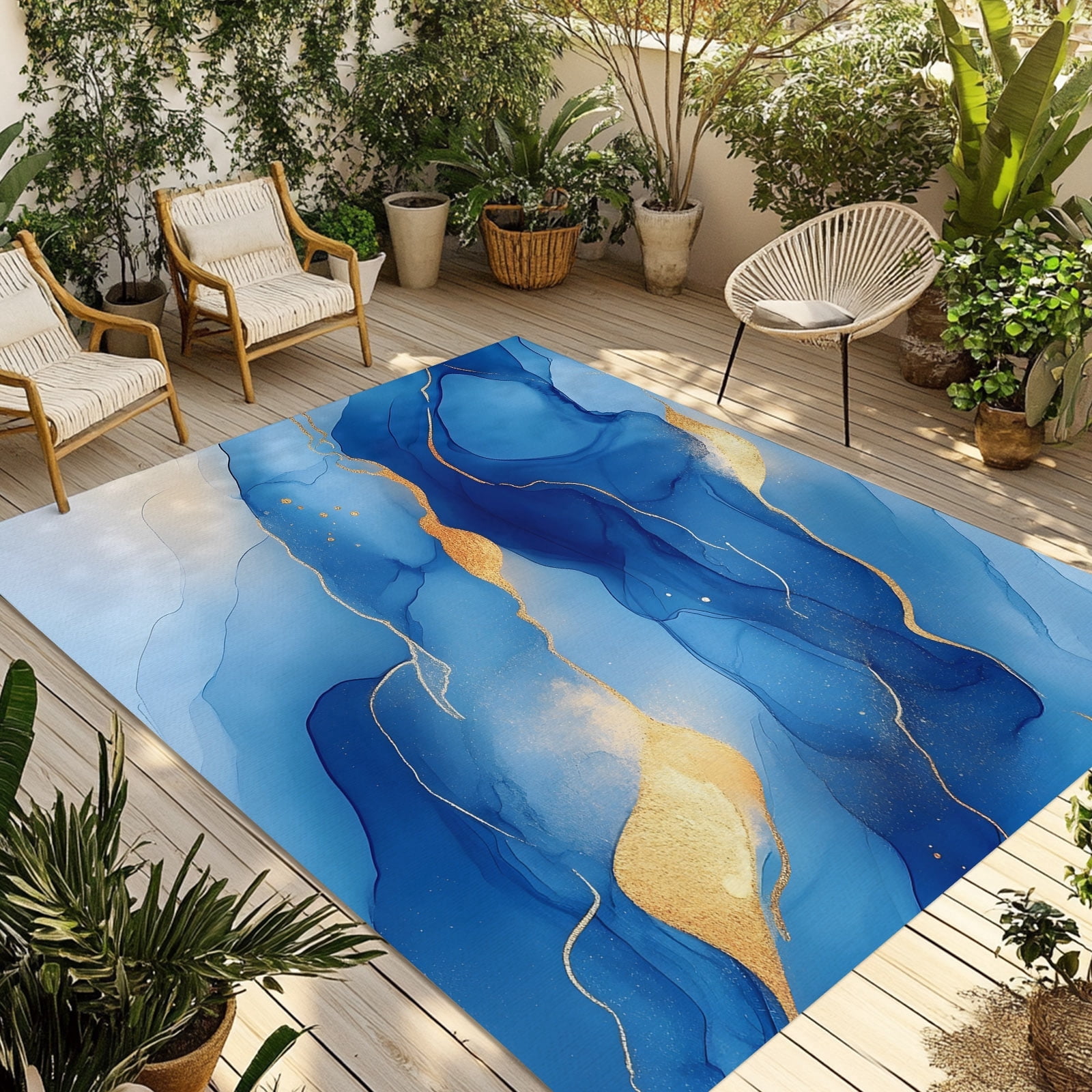 Abstract Ripple Effect Outdoor Rug, Blue Gold Marble Texture Non-Slip ...