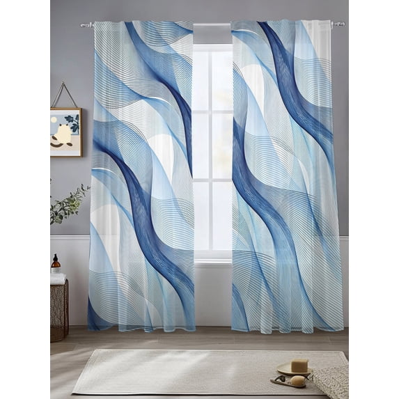 Abstract Ripples Blue White Lines Chiffon Sheer Curtains 84 Inches Long ...