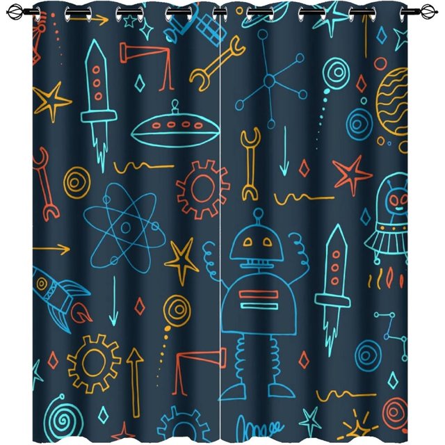 Abstract Robot Print Curtains,Colourful Cartoon Robot Theme Graffiti ...