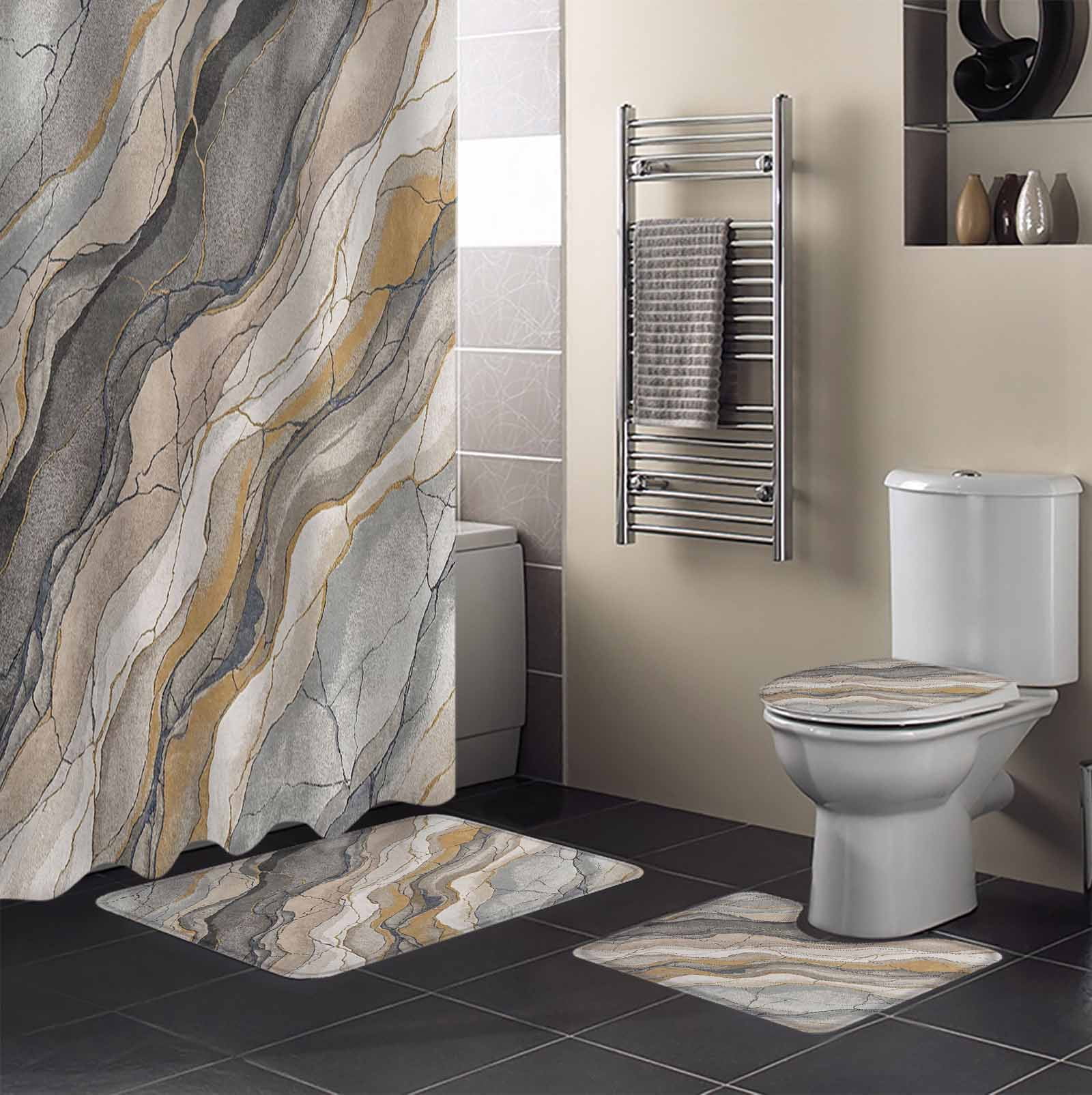 Abstract Rock Strata 4PCS Shower Curtains Set with Toilet Lid Cover Non ...