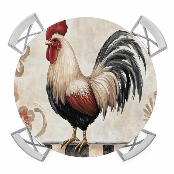 Abstract Rooster Floral Elastic Fitted Round Table Cover Vintage Style ...