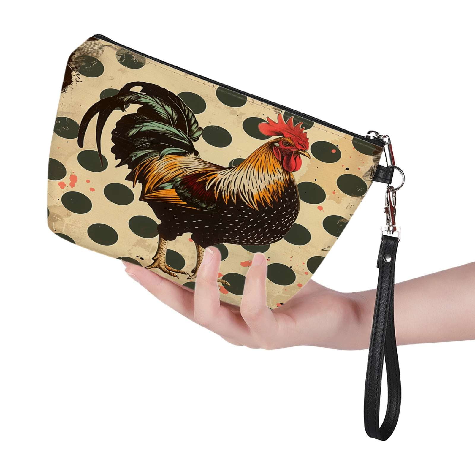 Abstract Rooster Polka Dots Leather Makeup Bag Small Travel Cosmetic ...