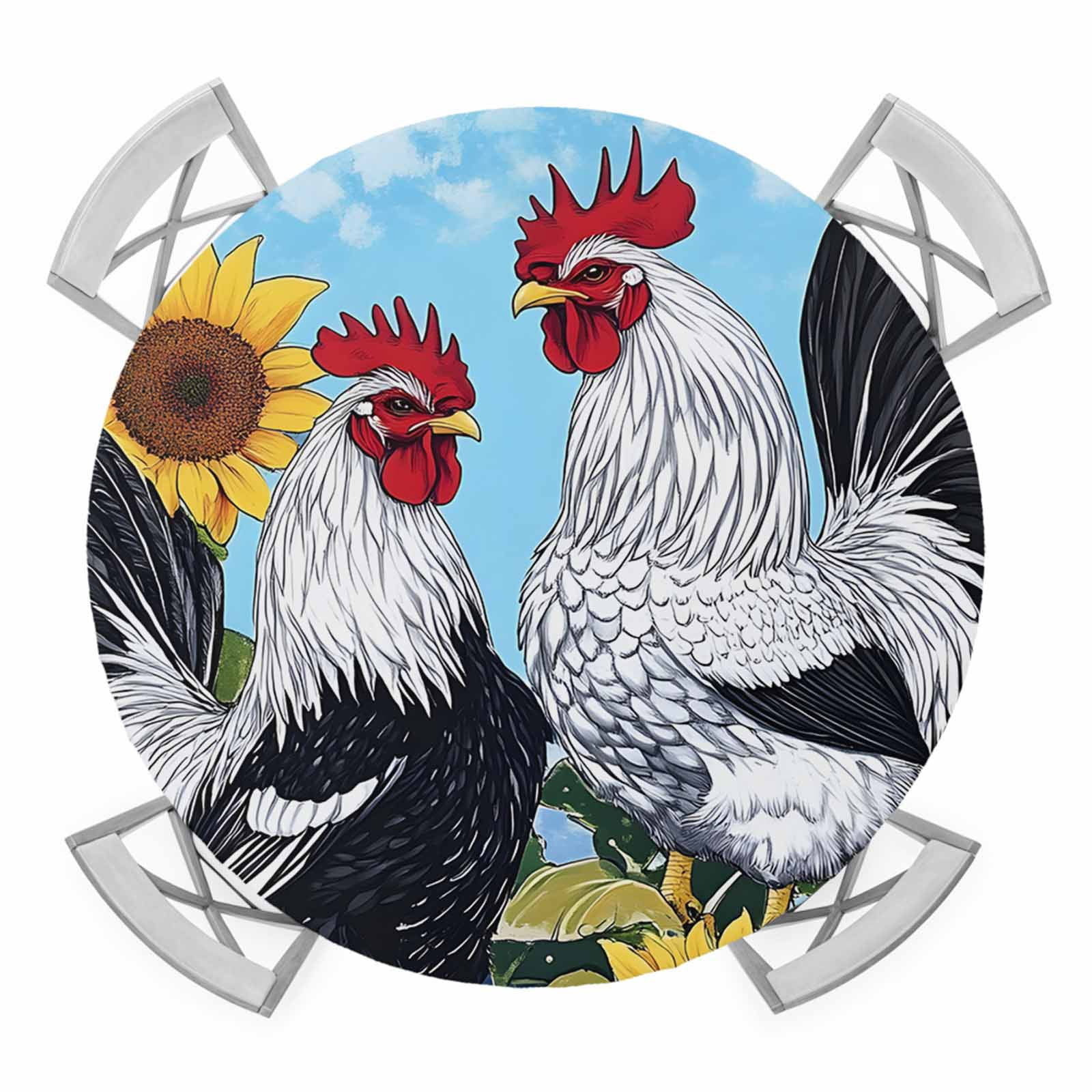 Abstract Rooster Sunflower Elastic Fitted Round Table Cover Vintage ...