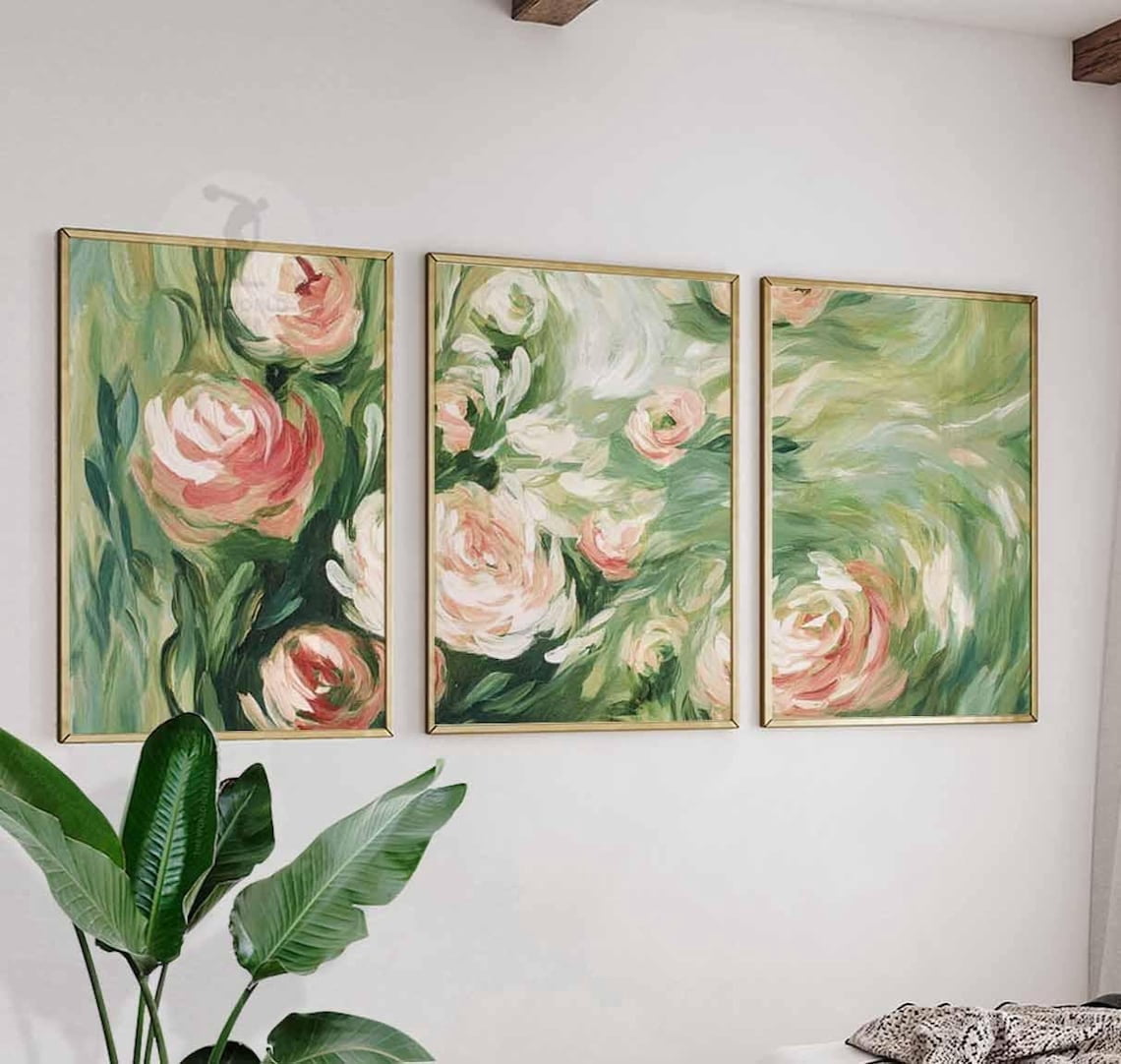 Abstract Rose Green Pink Floral Wall Art Set 3 Unframed Paper Print ...