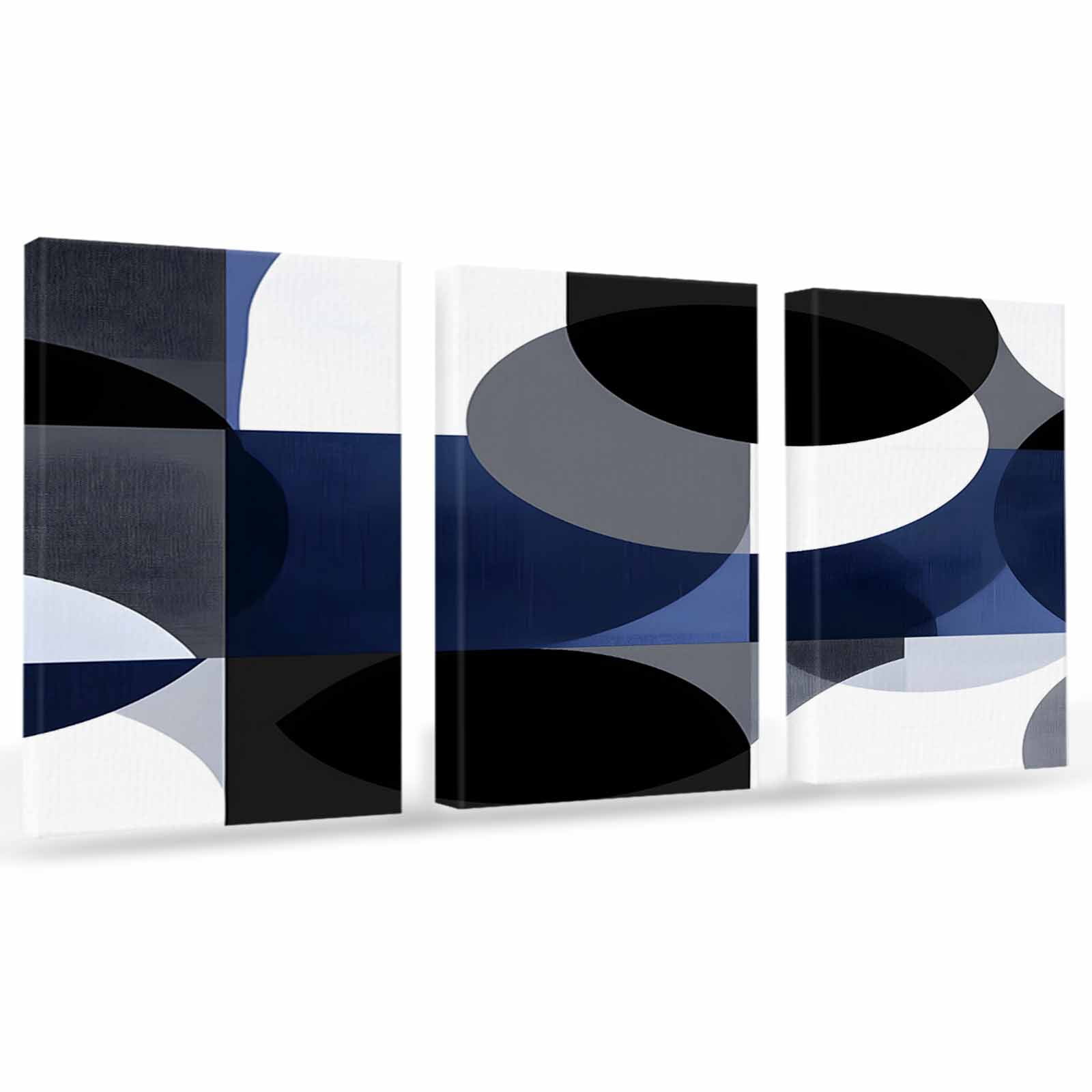 Abstract Round Canvas Wall Art 3 Panels, Visual Art Blue Black Square ...