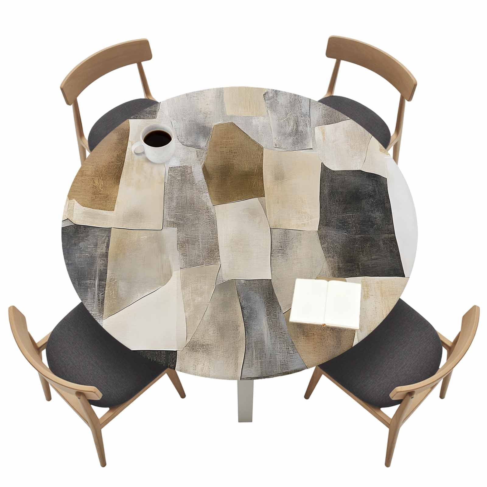 Abstract Round Fitted Tablecloth with Elastic Edge Beige Brown Black ...
