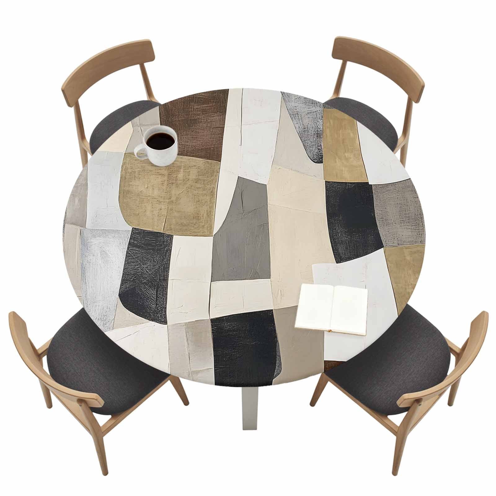 Abstract Round Fitted Tablecloth with Elastic Edge Beige Brown Black ...