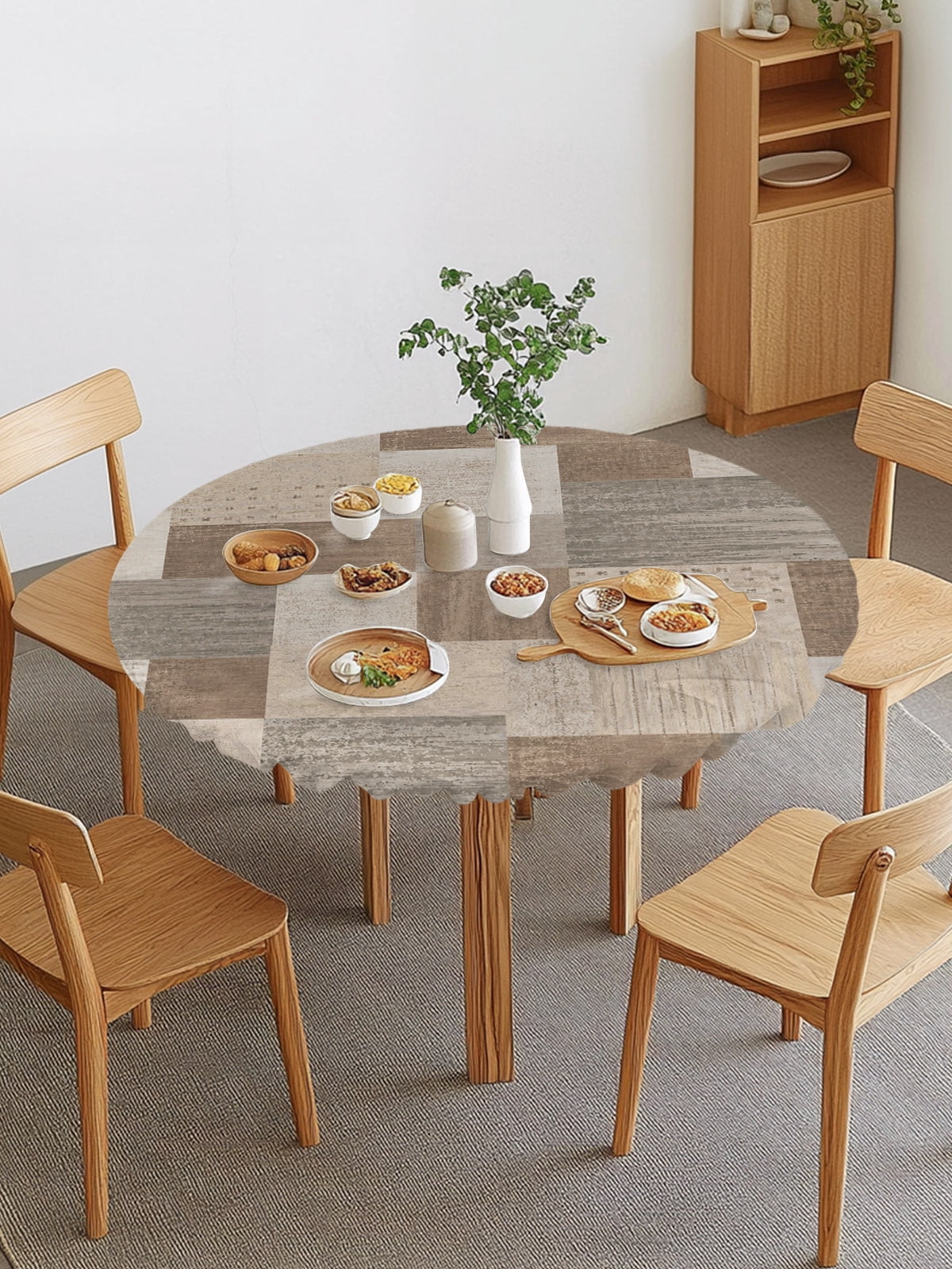 Abstract Round Fitted Tablecloth with Elastic Edge, Brown Beige Wood ...