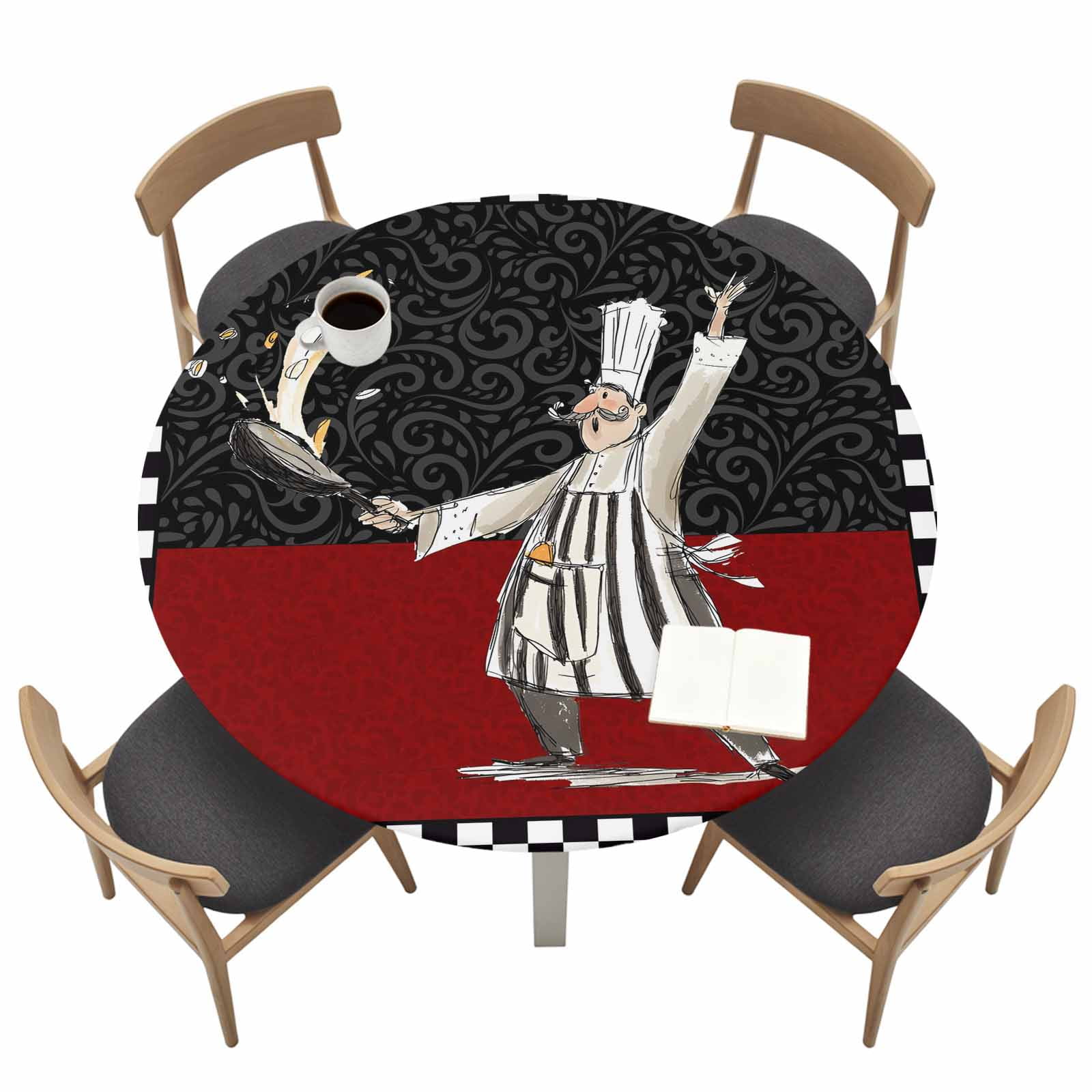 Abstract Round Fitted Tablecloth with Elastic Edge Cartoon Style Chef ...