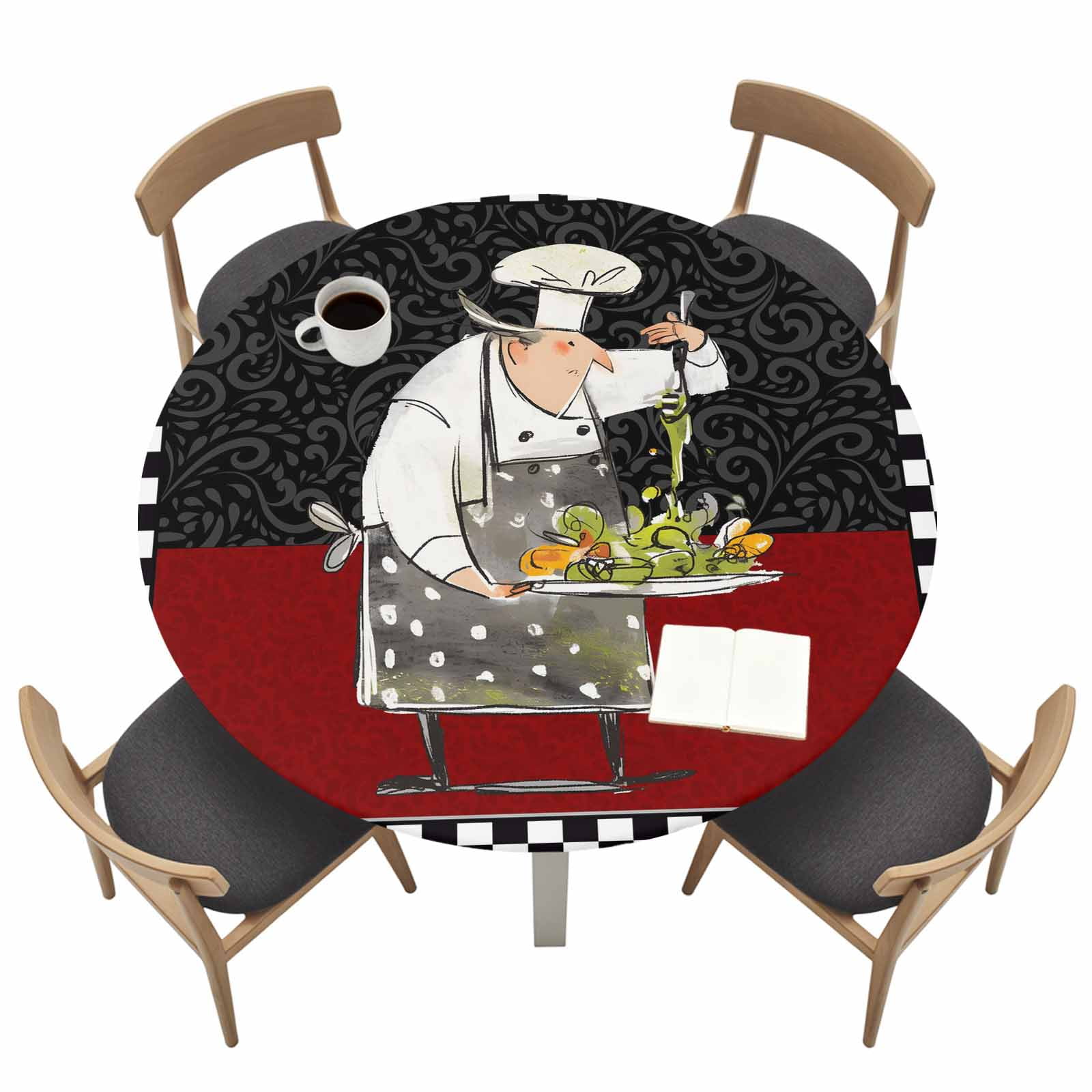 Abstract Round Fitted Tablecloth with Elastic Edge Cartoon Style Cooks ...