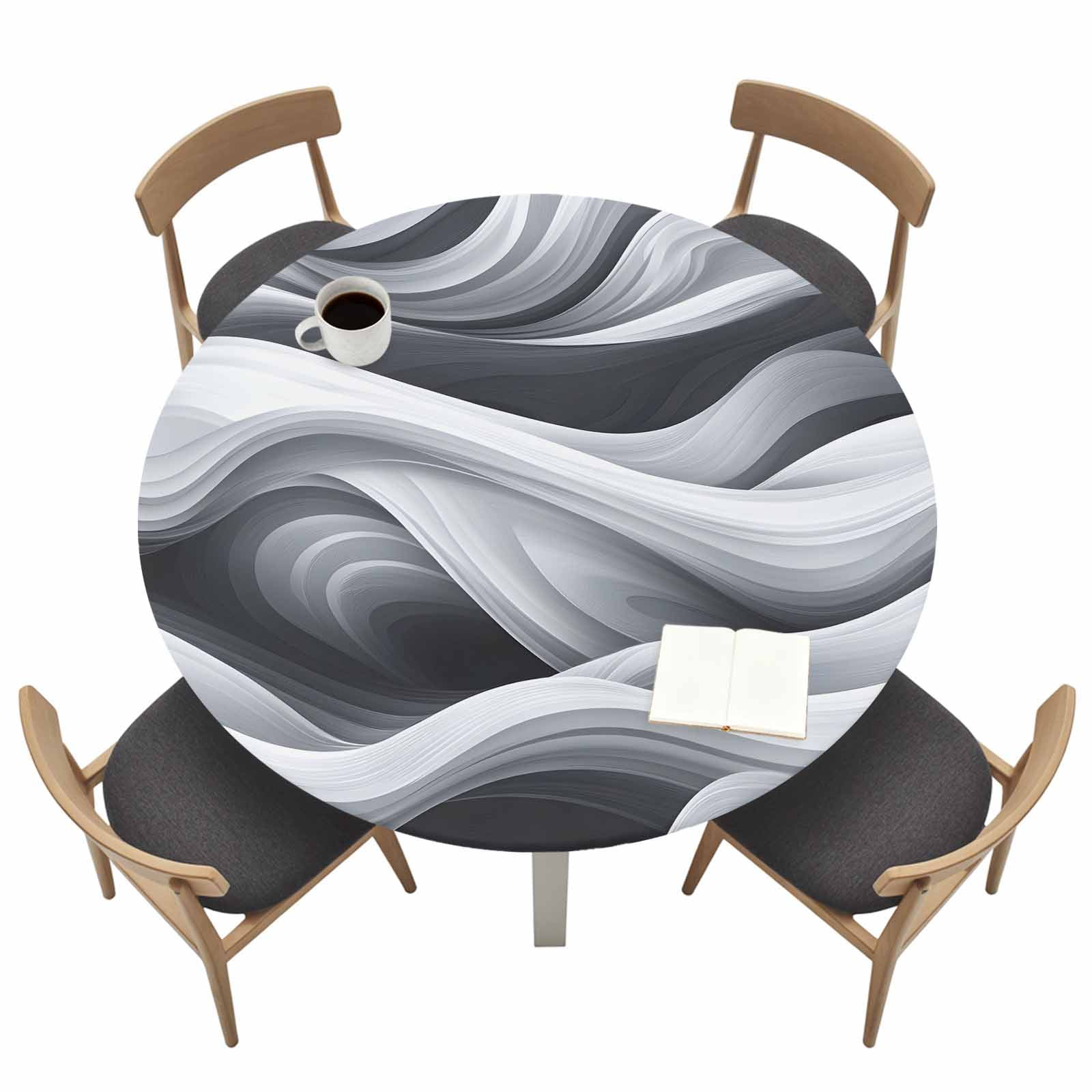 Abstract Round Fitted Tablecloth with Elastic Edge Gray and White Wave ...