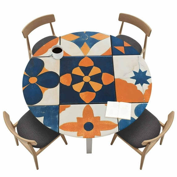 Abstract Round Fitted Tablecloth with Elastic Edge Orange Blue Floral ...