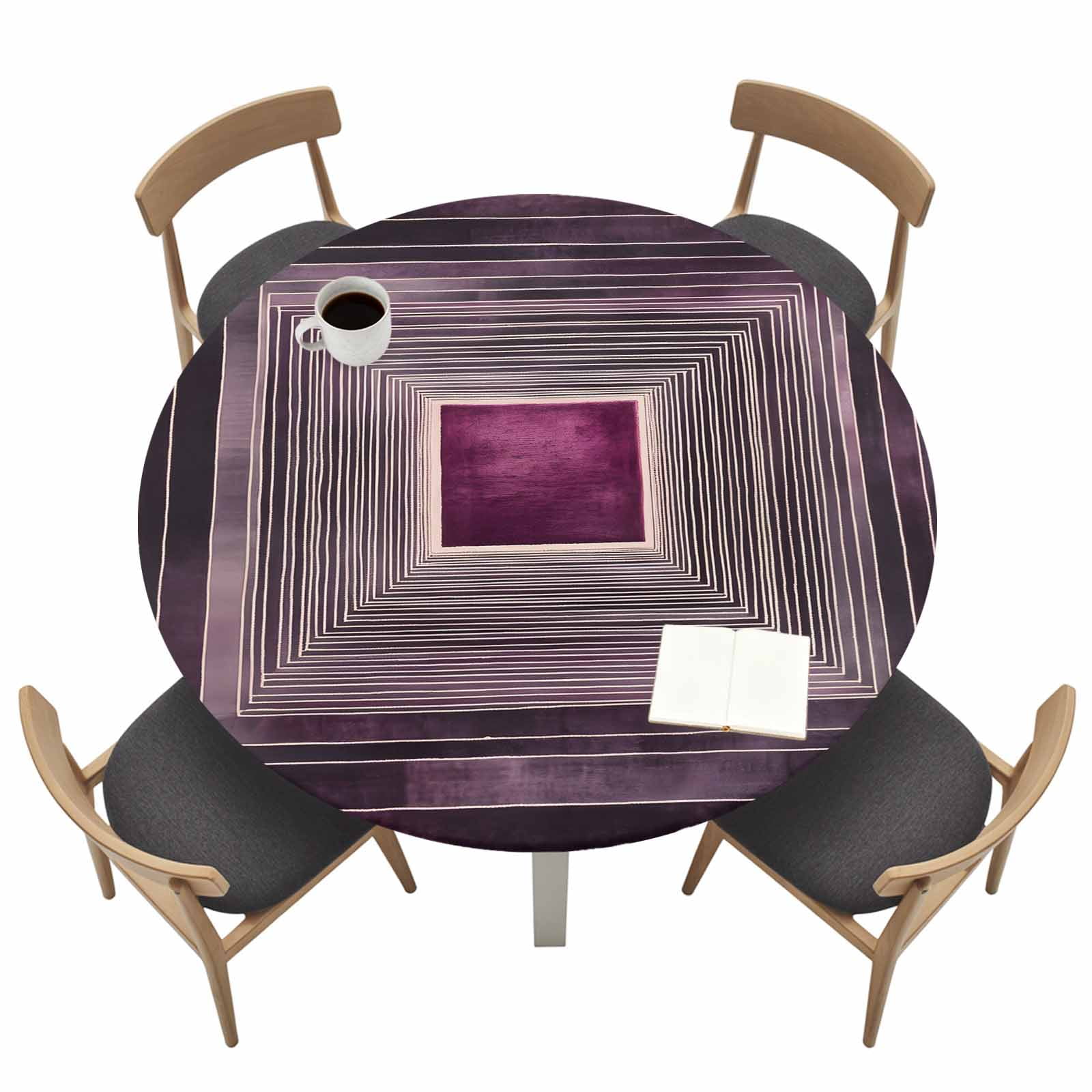 Abstract Round Fitted Tablecloth with Elastic Edge Purple Layered Color ...