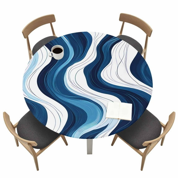 Abstract Round Fitted Tablecloth with Elastic Edge Wavy Lines Blue and ...