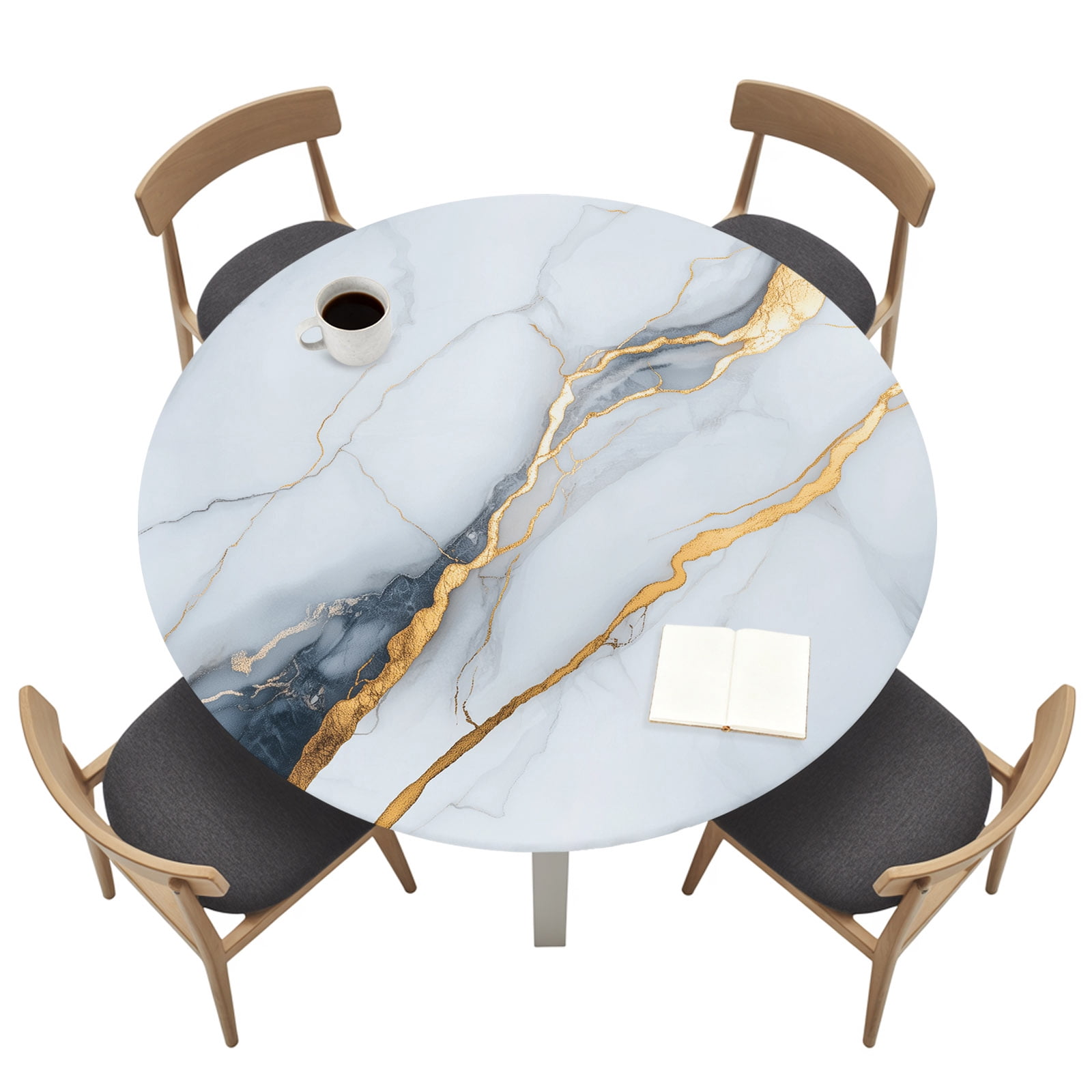 Abstract Round Fitted Tablecloth Grey White Marble Texture Golden Lines ...
