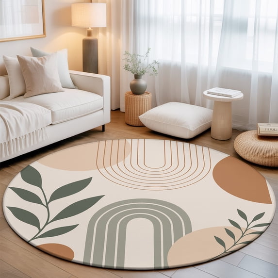 Abstract Round Living Room Rugs 5 ft, Boho Minimalist Beige Arches Line ...