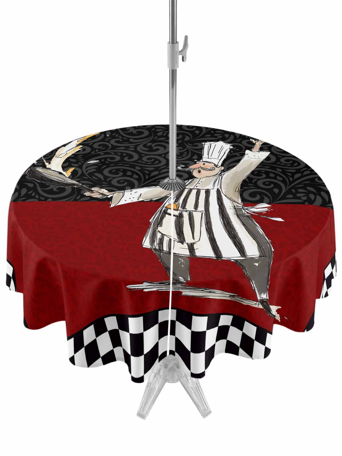 Abstract Round Outdoor Tablecloth with Umbrella Hole Cartoon Style Chef ...