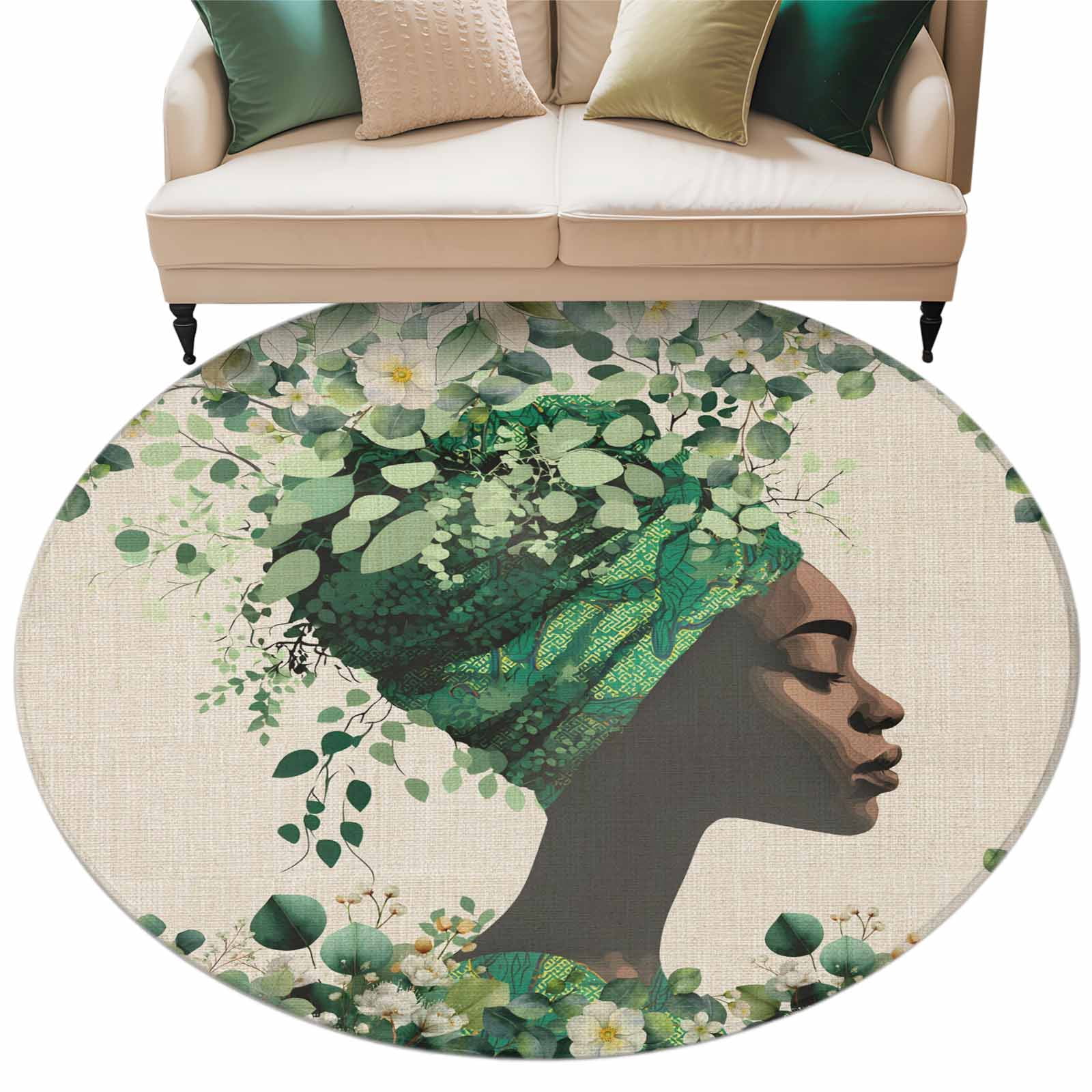 Abstract Round Rug 5Ft Women with Head Scarves Green Eucalyptus Leaf ...